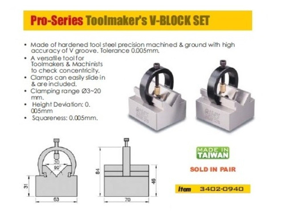 Pro-Seris 63 x 70 x 46mm V-Block & Clamp Set